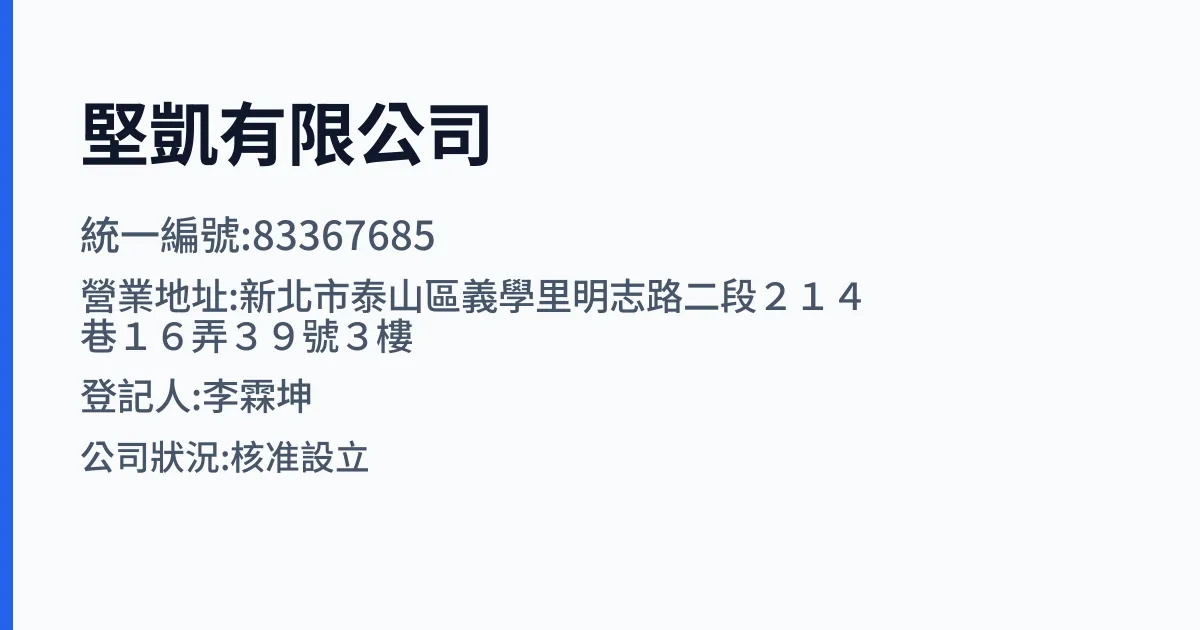堅凱有限公司 - 統編 83367685(新北市) 公司登記資料與營業項目詳細圖表