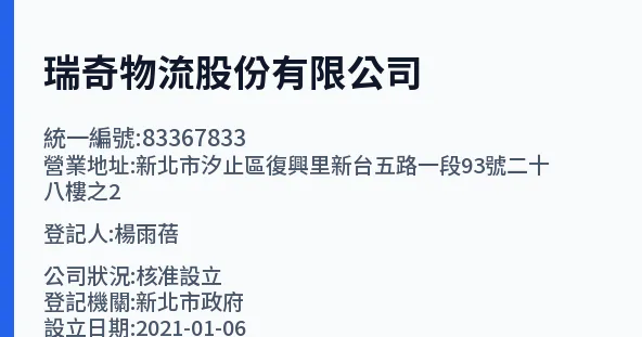 瑞奇物流股份有限公司的照片-統編 83367833(新北市) 公司登記資料與營業項目詳細圖表