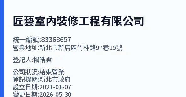 匠藝室內裝修工程有限公司的照片-統編 83368657(新北市) 公司登記資料與營業項目詳細圖表