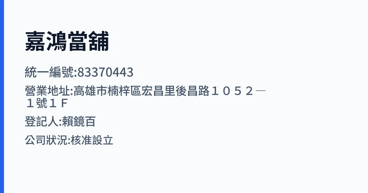 嘉鴻當舖 - 統編 83370443(高雄市) 公司登記資料與營業項目詳細圖表