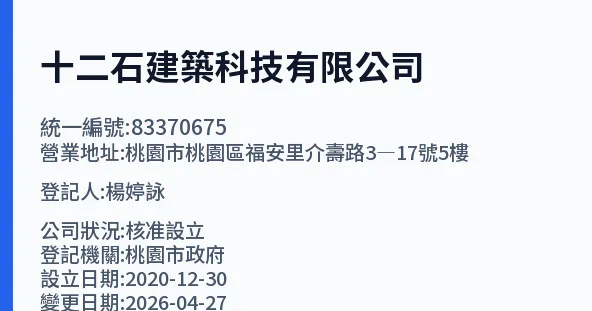 十二石建築科技有限公司的照片-統編 83370675(桃園市) 公司登記資料與營業項目詳細圖表