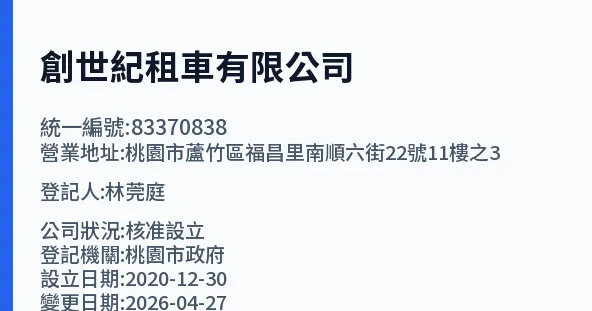 創世紀租車有限公司的照片-統編 83370838(桃園市) 公司登記資料與營業項目詳細圖表