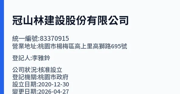 冠山林建設股份有限公司的照片-統編 83370915(桃園市) 公司登記資料與營業項目詳細圖表