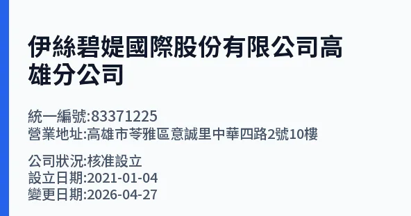 伊絲碧媞國際股份有限公司高雄分公司的照片-統編 83371225(高雄市) 公司登記資料與營業項目詳細圖表