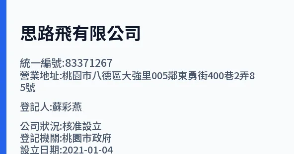 思路飛有限公司的照片-統編 83371267(桃園市) 公司登記資料與營業項目詳細圖表