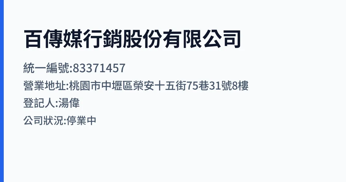 百傳媒行銷股份有限公司 - 統編 83371457(桃園市) 公司登記資料與營業項目詳細圖表