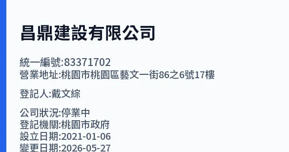 昌鼎建設有限公司的照片-統編 83371702(桃園市) 公司登記資料與營業項目詳細圖表