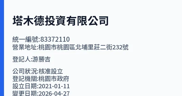 塔木德投資有限公司的照片-統編 83372110(桃園市) 公司登記資料與營業項目詳細圖表