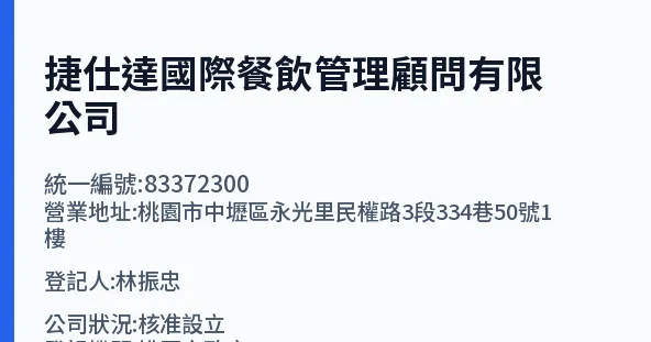 捷仕達國際餐飲管理顧問有限公司的照片-統編 83372300(桃園市) 公司登記資料與營業項目詳細圖表