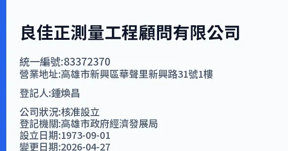 良佳正測量工程顧問有限公司的照片-統編 83372370(高雄市) 公司登記資料與營業項目詳細圖表