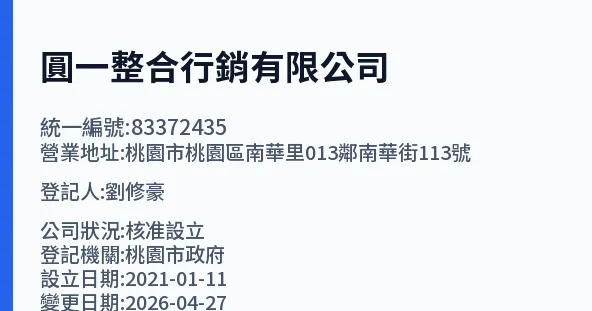 圓一整合行銷有限公司的照片-統編 83372435(桃園市) 公司登記資料與營業項目詳細圖表