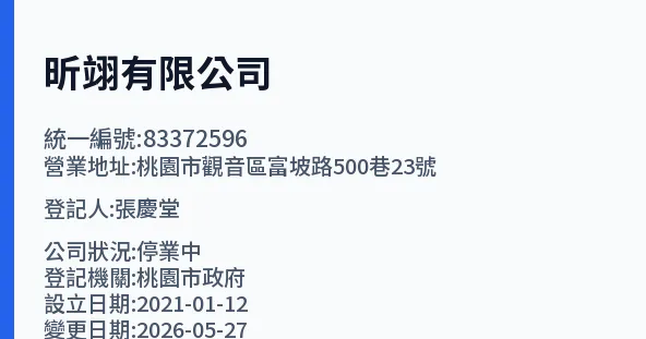 昕翊有限公司的照片-統編 83372596(桃園市) 公司登記資料與營業項目詳細圖表