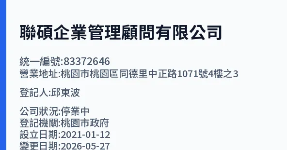 聯碩企業管理顧問有限公司的照片-統編 83372646(桃園市) 公司登記資料與營業項目詳細圖表