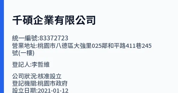 千碩企業有限公司的照片-統編 83372723(桃園市) 公司登記資料與營業項目詳細圖表