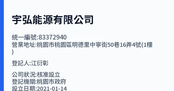 宇弘能源有限公司的照片-統編 83372940(桃園市) 公司登記資料與營業項目詳細圖表