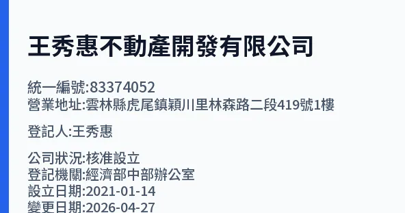 王秀惠不動產開發有限公司的照片-統編 83374052(雲林縣) 公司登記資料與營業項目詳細圖表