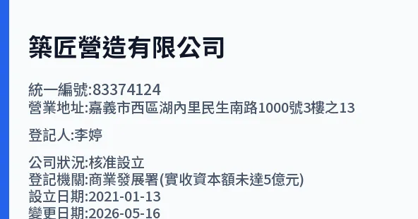 築匠營造有限公司的照片-統編 83374124(嘉義市) 公司登記資料與營業項目詳細圖表