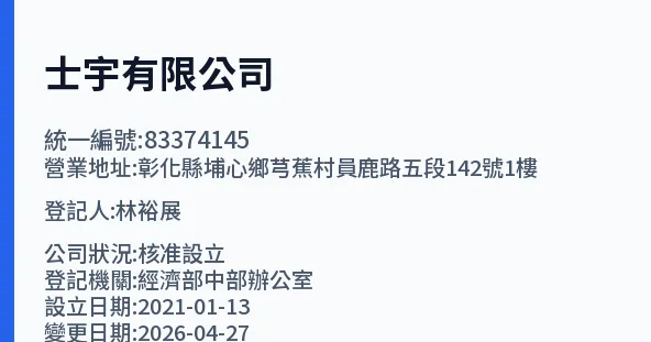 士宇有限公司的照片-統編 83374145(彰化縣) 公司登記資料與營業項目詳細圖表
