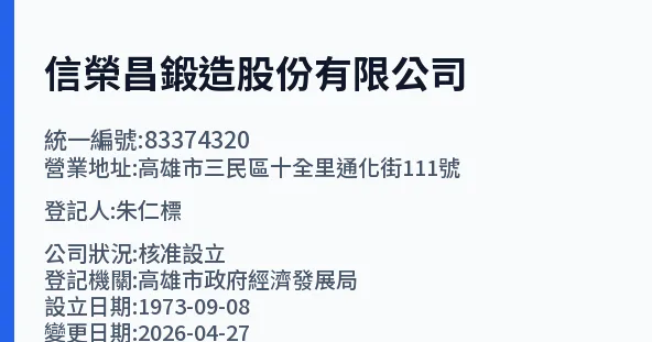 信榮昌鍛造股份有限公司的照片-統編 83374320(高雄市) 公司登記資料與營業項目詳細圖表