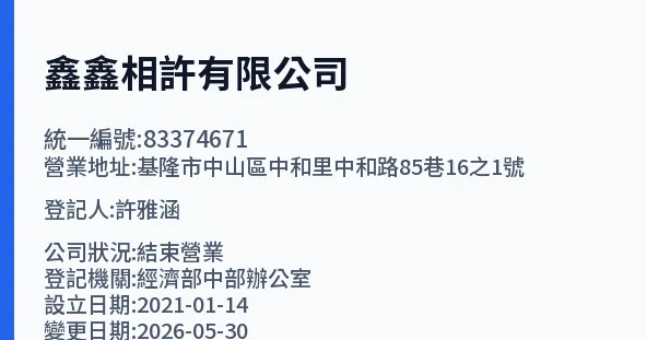鑫鑫相許有限公司的照片-統編 83374671(基隆市) 公司登記資料與營業項目詳細圖表