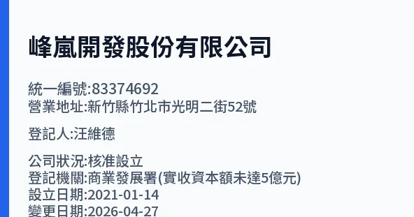 峰嵐開發股份有限公司的照片-統編 83374692(新竹縣) 公司登記資料與營業項目詳細圖表