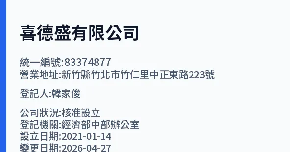 喜德盛有限公司的照片-統編 83374877(新竹縣) 公司登記資料與營業項目詳細圖表