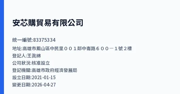 安芯購貿易有限公司的照片-統編 83375334(高雄市) 公司登記資料與營業項目詳細圖表