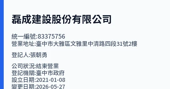 磊成建設股份有限公司的照片-統編 83375756(臺中市) 公司登記資料與營業項目詳細圖表