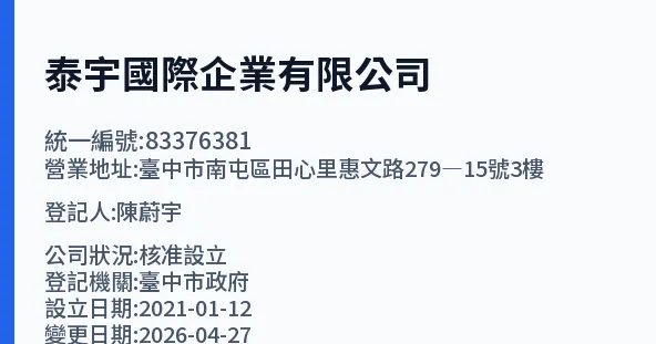 泰宇國際企業有限公司的照片-統編 83376381(臺中市) 公司登記資料與營業項目詳細圖表