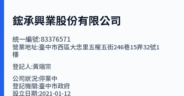 鋐承興業股份有限公司的照片-統編 83376571(臺中市) 公司登記資料與營業項目詳細圖表