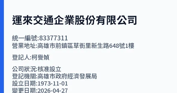 運來交通企業股份有限公司的照片-統編 83377311(高雄市) 公司登記資料與營業項目詳細圖表