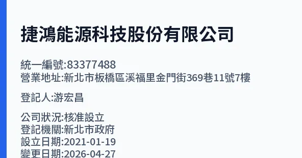 捷鴻能源科技股份有限公司的照片-統編 83377488(新北市) 公司登記資料與營業項目詳細圖表