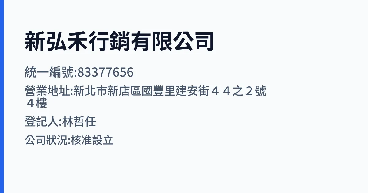 新弘禾行銷有限公司 - 統編 83377656(新北市) 公司登記資料與營業項目詳細圖表