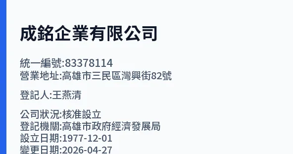 成銘企業有限公司的照片-統編 83378114(高雄市) 公司登記資料與營業項目詳細圖表