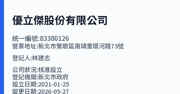優立傑股份有限公司的照片-統編 83380126(新北市) 公司登記資料與營業項目詳細圖表
