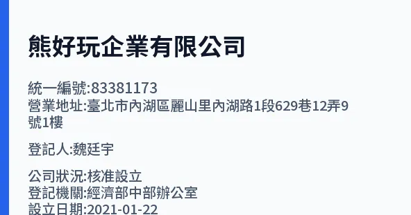 熊好玩企業有限公司的照片-統編 83381173(臺北市) 公司登記資料與營業項目詳細圖表