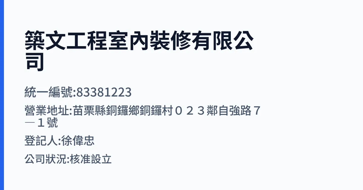 築文工程室內裝修有限公司 - 統編 83381223(苗栗縣) 公司登記資料與營業項目詳細圖表