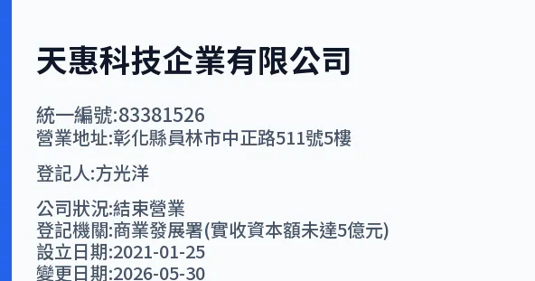 天惠科技企業有限公司的照片-統編 83381526(彰化縣) 公司登記資料與營業項目詳細圖表