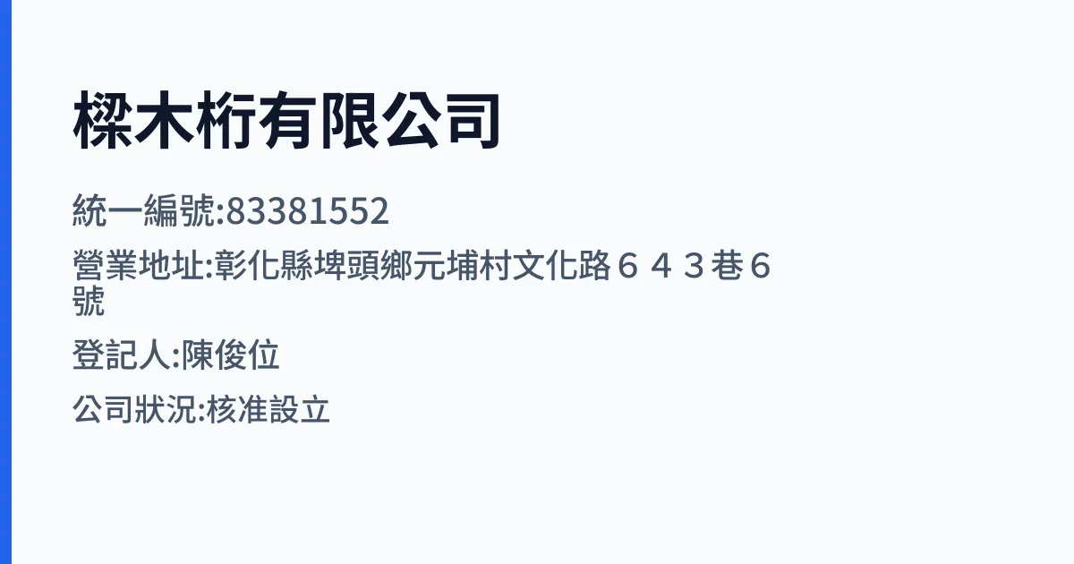 樑木桁有限公司 - 統編 83381552(彰化縣) 公司登記資料與營業項目詳細圖表