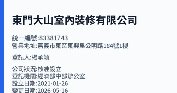 東門大山室內裝修有限公司的照片-統編 83381743(嘉義市) 公司登記資料與營業項目詳細圖表