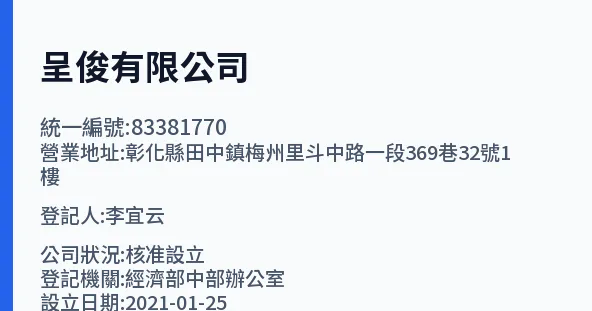 呈俊有限公司的照片-統編 83381770(彰化縣) 公司登記資料與營業項目詳細圖表