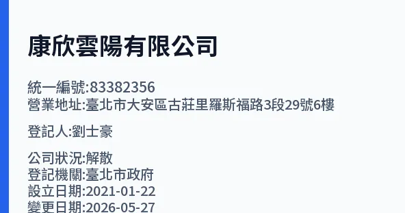 康欣雲陽有限公司的照片-統編 83382356(臺北市) 公司登記資料與營業項目詳細圖表