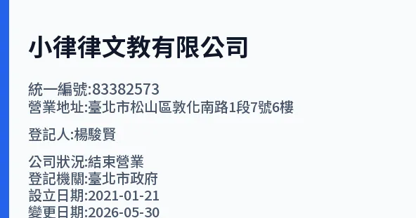 小律律文教有限公司的照片-統編 83382573(臺北市) 公司登記資料與營業項目詳細圖表