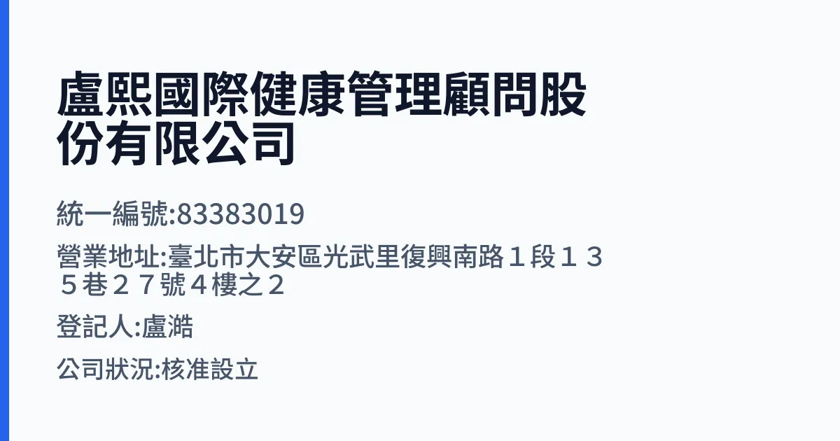 盧熙國際健康管理顧問股份有限公司 - 統編 83383019(臺北市) 公司登記資料與營業項目詳細圖表