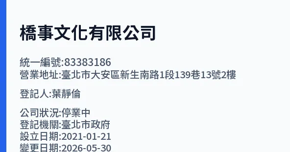 橋事文化有限公司的照片-統編 83383186(臺北市) 公司登記資料與營業項目詳細圖表