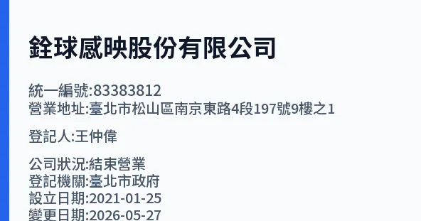 銓球感映股份有限公司的照片-統編 83383812(臺北市) 公司登記資料與營業項目詳細圖表