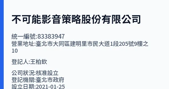 不可能影音策略股份有限公司的照片-統編 83383947(臺北市) 公司登記資料與營業項目詳細圖表