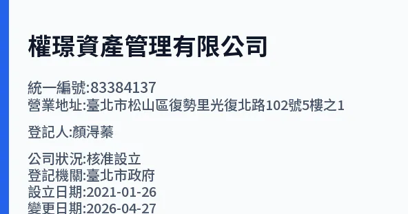 權璟資產管理有限公司的照片-統編 83384137(臺北市) 公司登記資料與營業項目詳細圖表