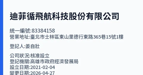 迪菲循飛航科技股份有限公司的照片-統編 83384158(臺北市) 公司登記資料與營業項目詳細圖表