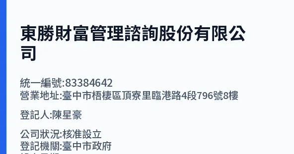 東勝財富管理諮詢股份有限公司的照片-統編 83384642(臺中市) 公司登記資料與營業項目詳細圖表